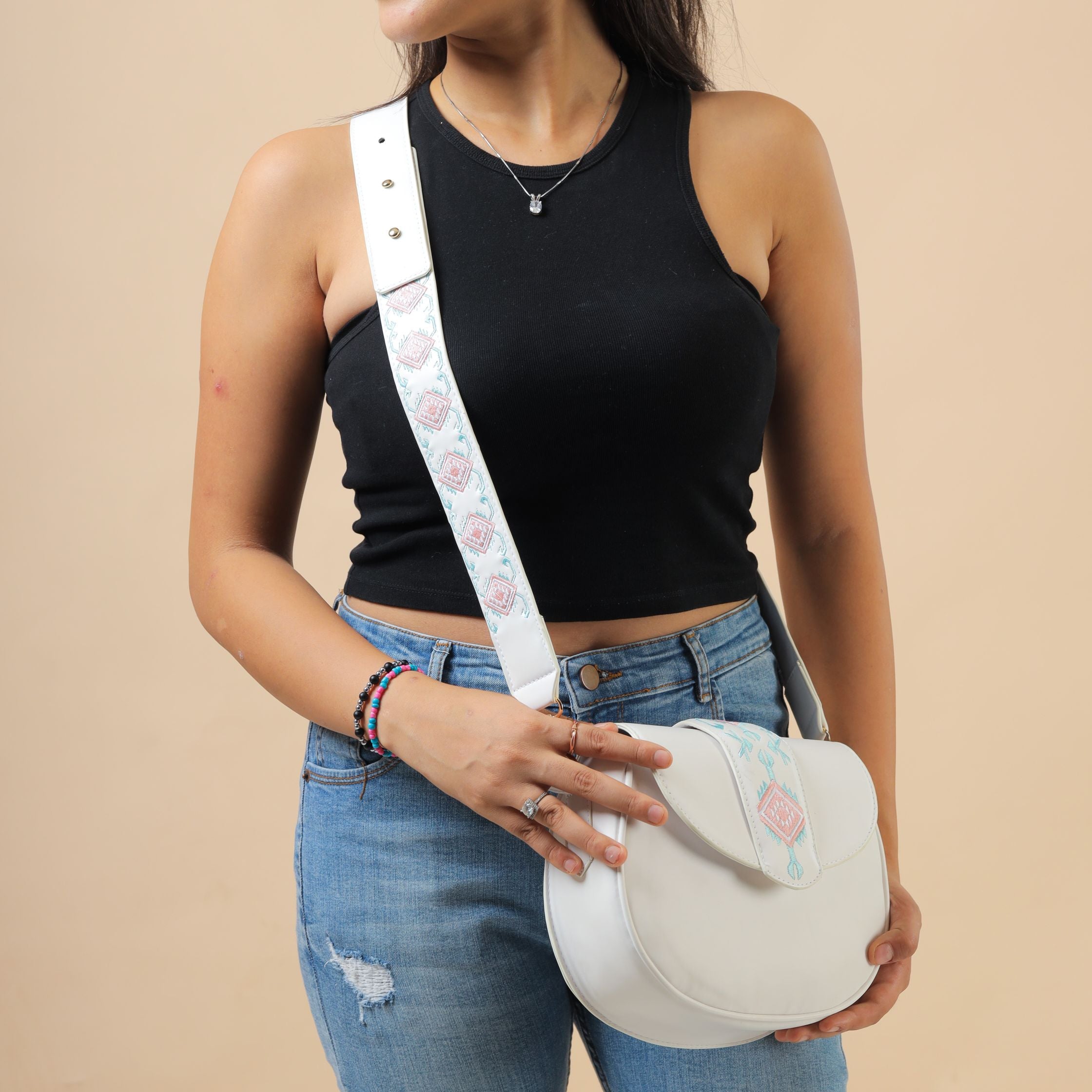 Abstract Embroidered Curved Crossbag - White
